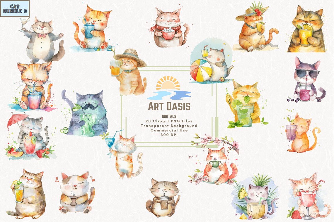 Cartoon Cats With Cocktails Watercolor Fat Cat Drink Clipart Bundle of ...