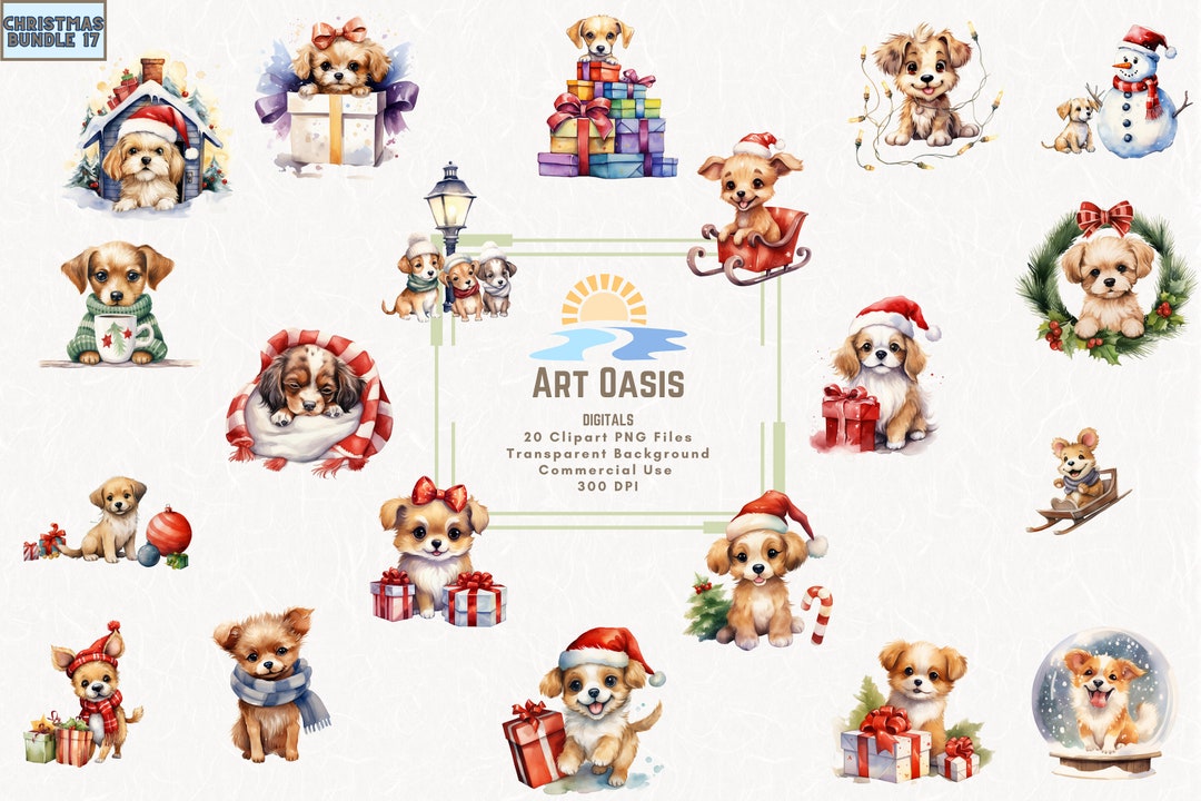 Watercolor Cute Christmas Dogs Winter Holiday Clipart Bundle of 20 ...