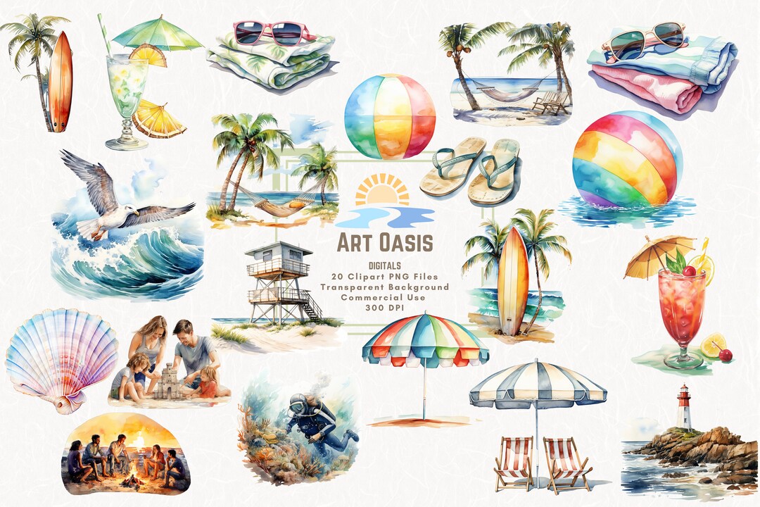 Watercolor Tropical Beach Summer Activities Clipart Bundle of 20 ...