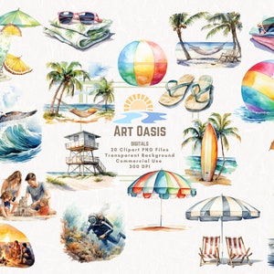 Watercolor Tropical Beach Summer Activities Clipart Bundle of 20 ...