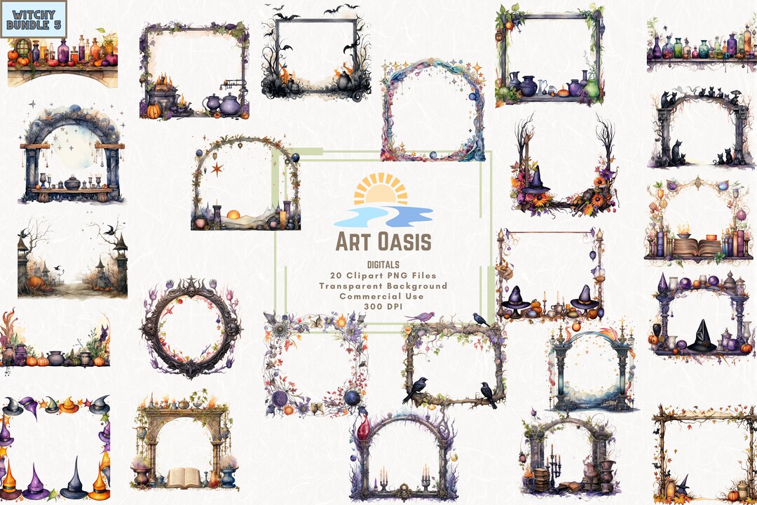 Watercolor Witchy Borders Potion Spellbook Cauldron Clipart Bundle of ...