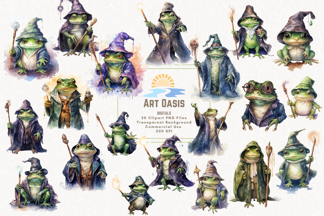 Watercolor Wizard Witchy Frogs Magic Wand Halloween Clipart Bundle of ...