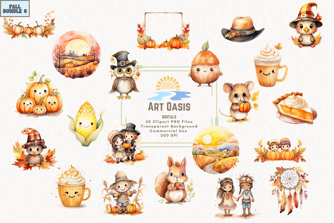Watercolor Fall Thanksgiving Cute Cartoon Animal Clipart Bundle of 20 ...