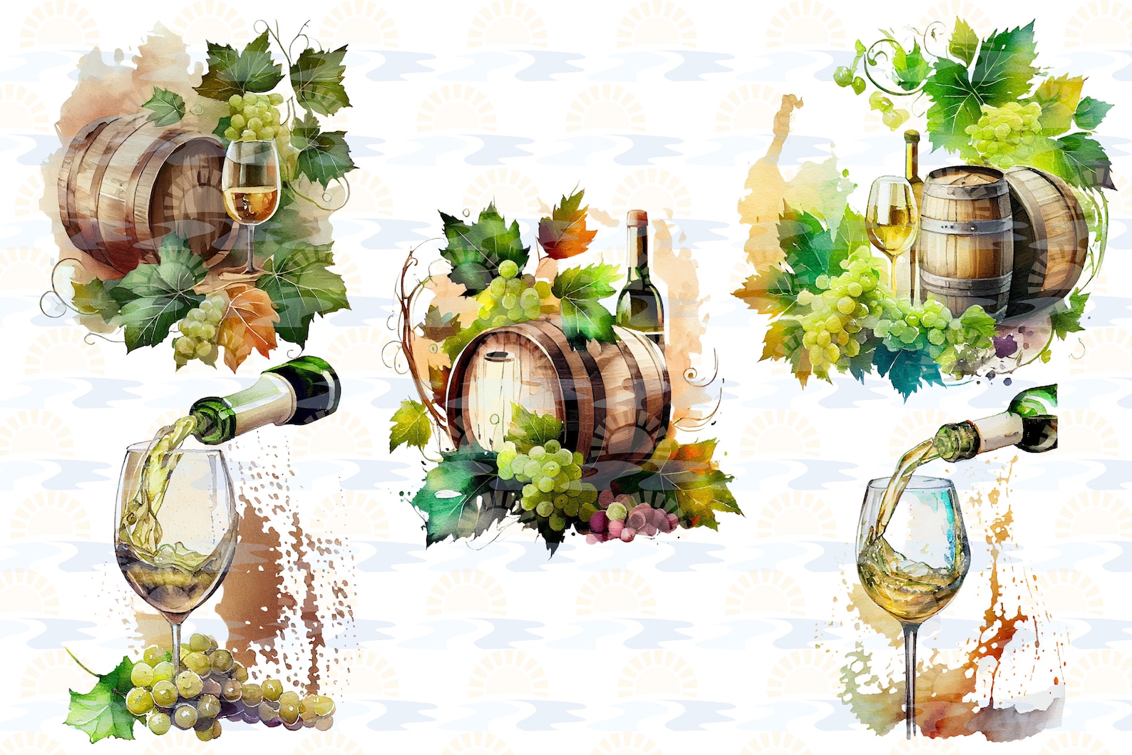 Watercolor White Wine Clipart Bundle of 20 - Transparent Background ...