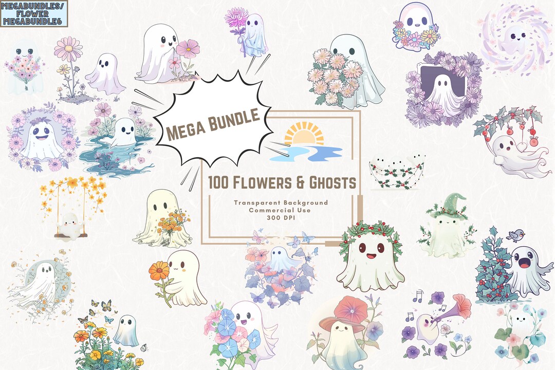 100 Flowers and Ghosts Clipart Bundle, Birthmonth Flower Clipart, Ghost ...