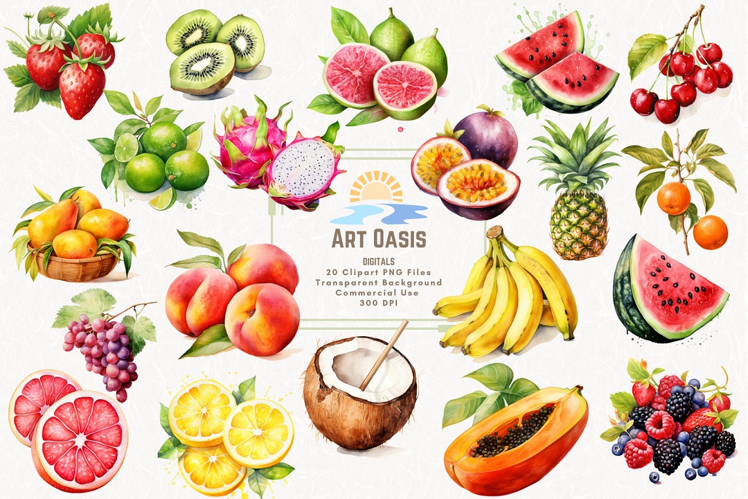Watercolor Tropical Fruit Summer Food Lemon Clipart Bundle of 20 ...