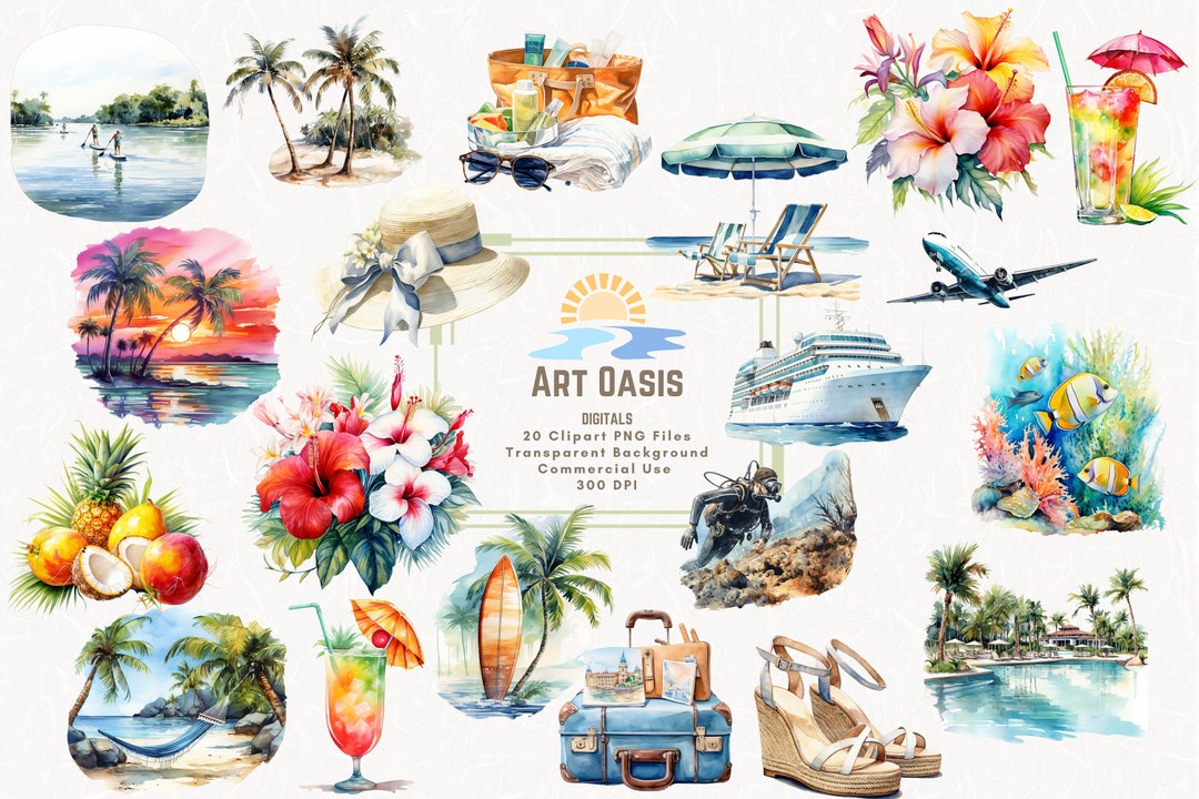 Watercolor Summer Vacation Travel Topical Beach Clipart Bundle of 20 ...