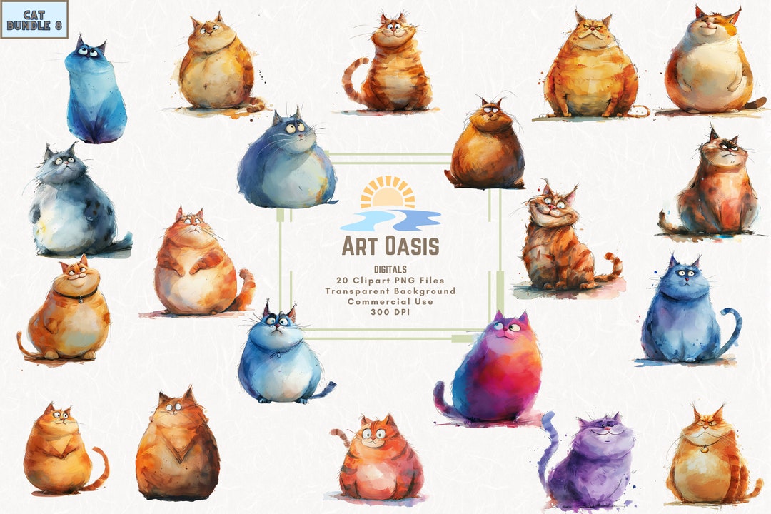 Watercolor Fat Cartoon Cat Lover Cute Abstract Clipart Bundle of 20 ...
