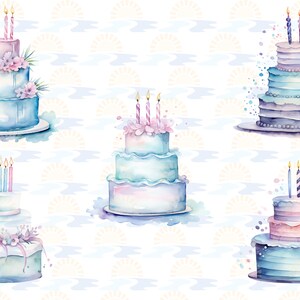 Watercolor Pastel Birthday Cakes Colorful Party Clipart Bundle of 20 ...