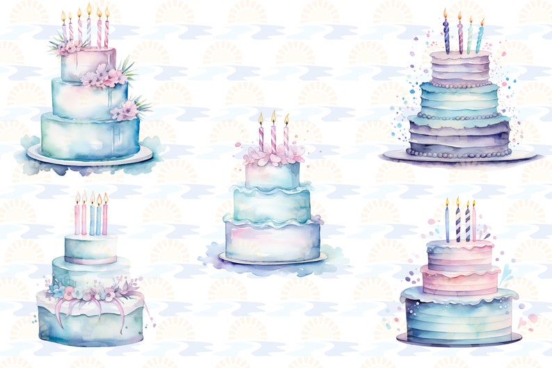 Watercolor Pastel Birthday Cakes Colorful Party Clipart Bundle of 20 ...