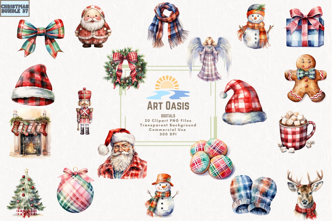Watercolor Plaid Christmas Santa Wreath Stocking Tree Clipart Bundle of ...