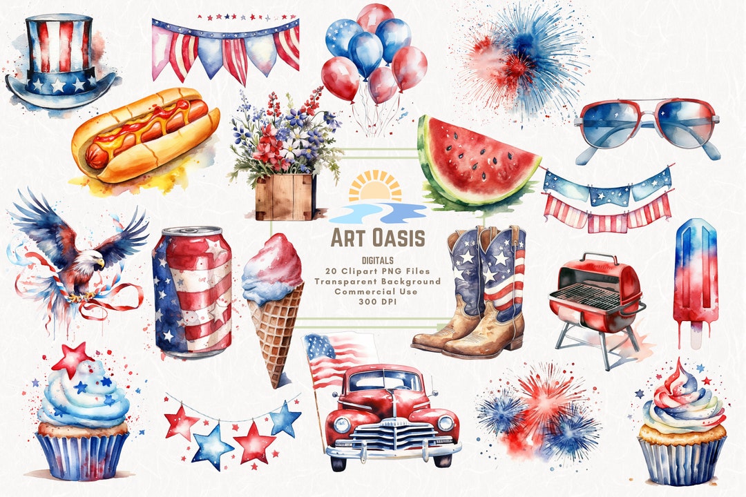 Watercolor 4th of July Independence USA America Day Clipart Bundle of ...