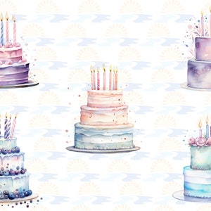 Watercolor Pastel Birthday Cakes Colorful Party Clipart Bundle of 20 ...