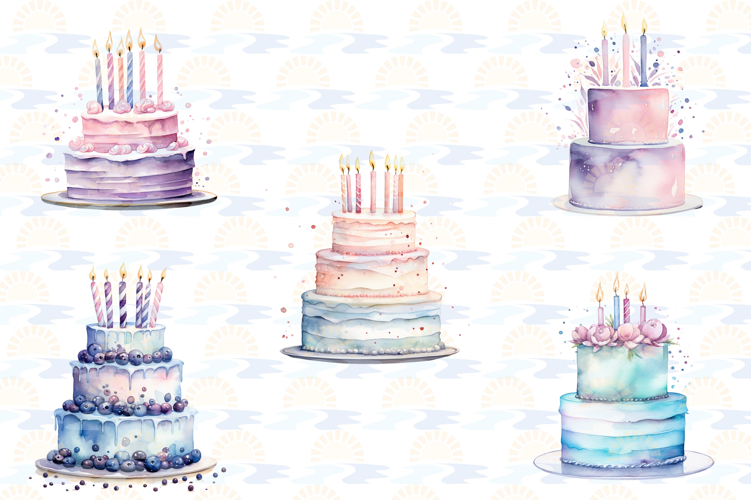 Watercolor Pastel Birthday Cakes Colorful Party Clipart Bundle of 20 ...