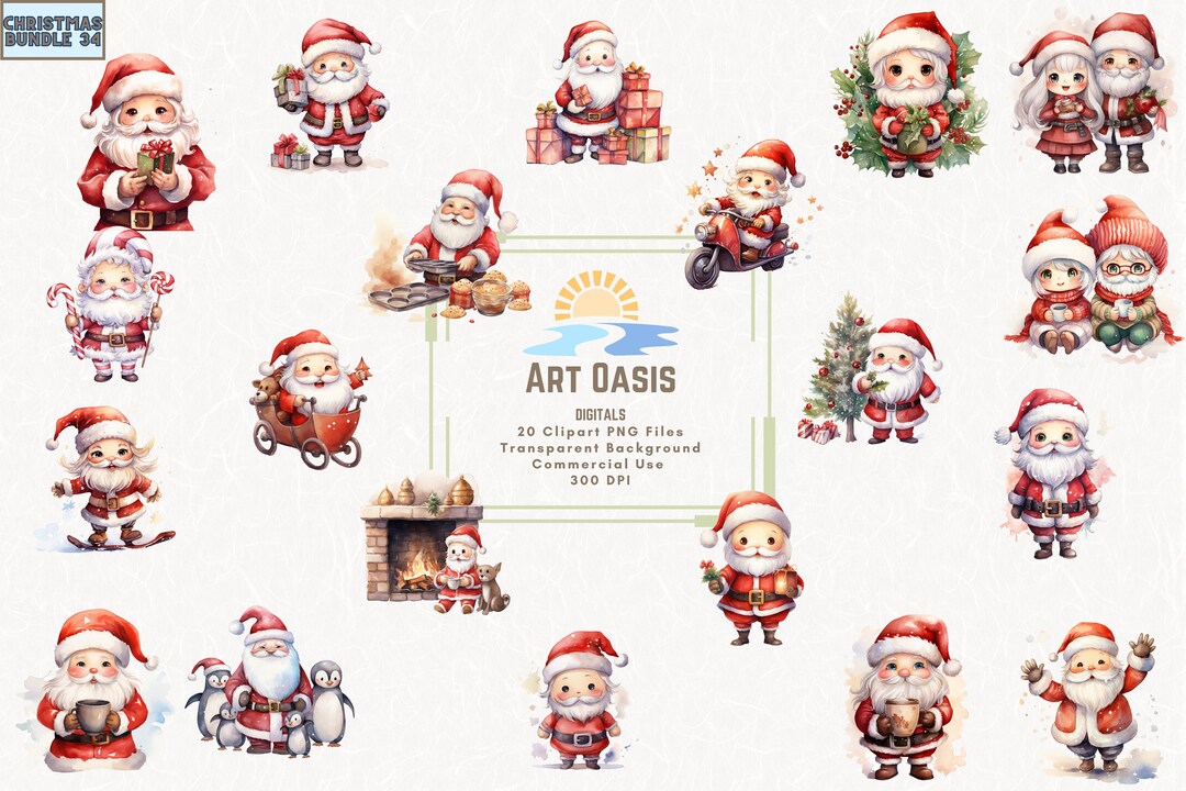 Watercolor Santa Claus Christmas Winter Holiday Clipart Bundle of 20 ...