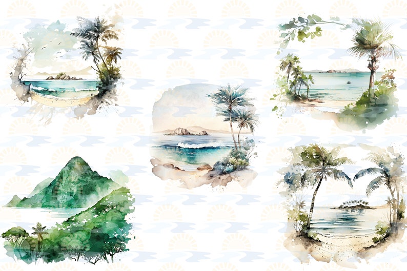 Watercolor Tropical Summer Beach Sunset Landscape Clipart - Etsy