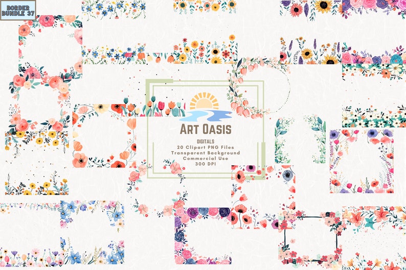 Floral Border Clipart Bundle, Watercolor Flower PNG (digital Download ...