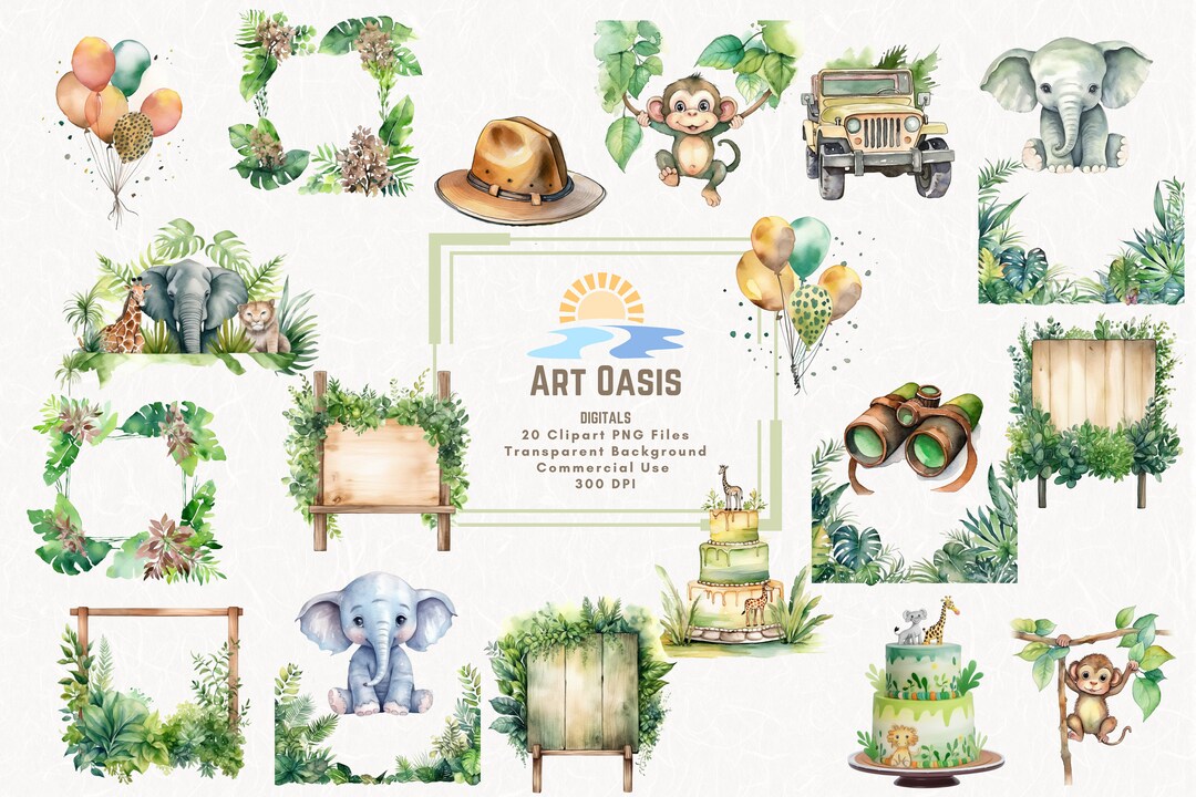 Watercolor Jungle Safari Wild One Birthday Party Clipart Bundle of 20 ...