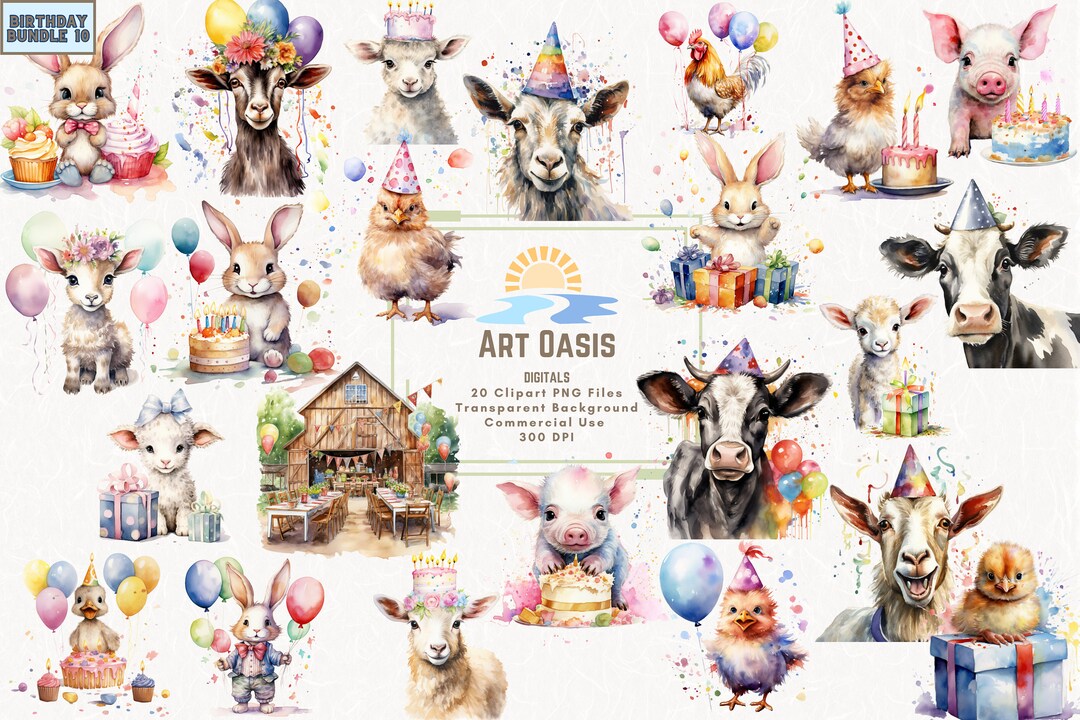 Watercolor Barnyard Animals Birthday Party Balloon Clipart Bundle of 20 ...