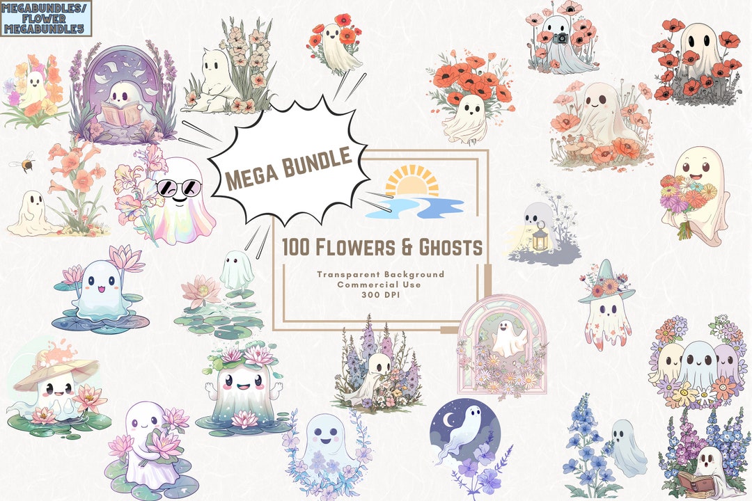 100 Flowers and Ghosts Clipart Bundle, Birthmonth Flower Clipart, Ghost ...