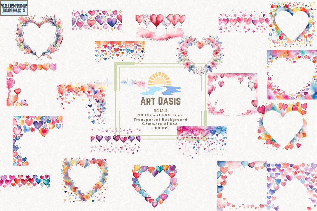 Watercolor Valentines Day Heart Border Frame Colorful Clipart Bundle of ...