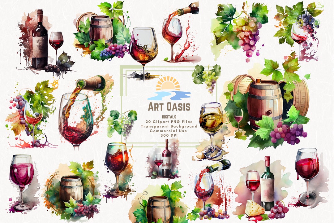 Watercolor Wine Clipart Bundle of 20 - Transparent Background - Digital ...