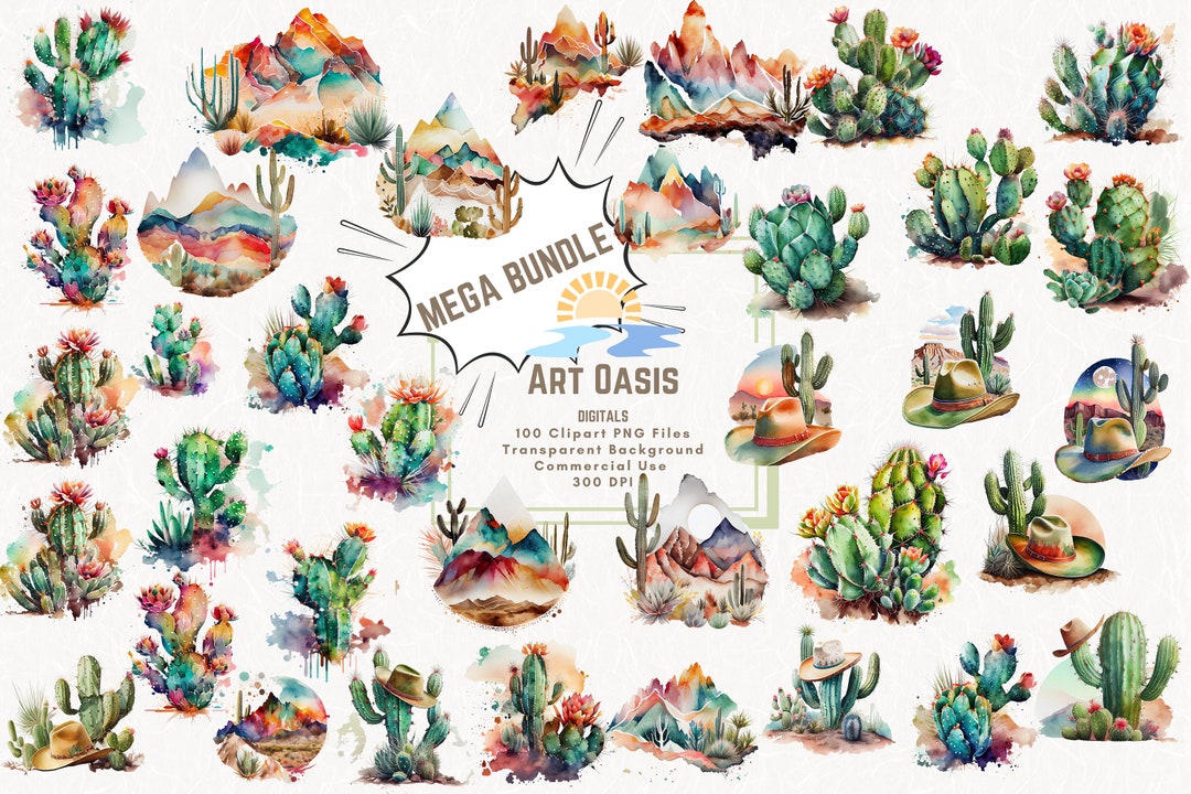 Watercolor Western Clipart Mega Bundle of 100 Cowboy Cactus ...