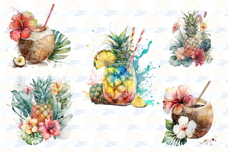 Watercolor Tropical Summer Cocktail Drinks Clipart Bundle of - Etsy