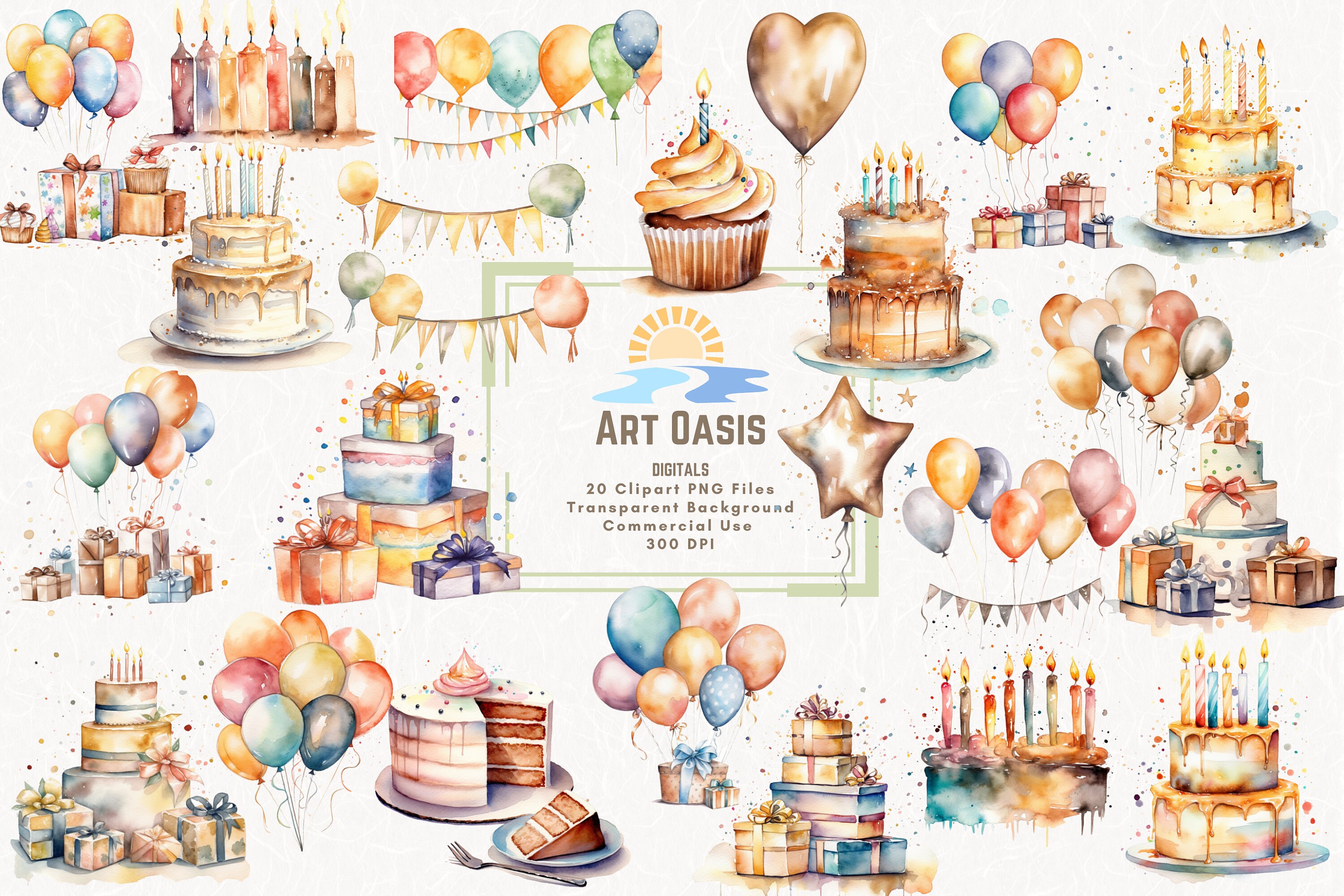 Watercolor Birthday Party Cake Present Balloons Clipart Bundle - Etsy