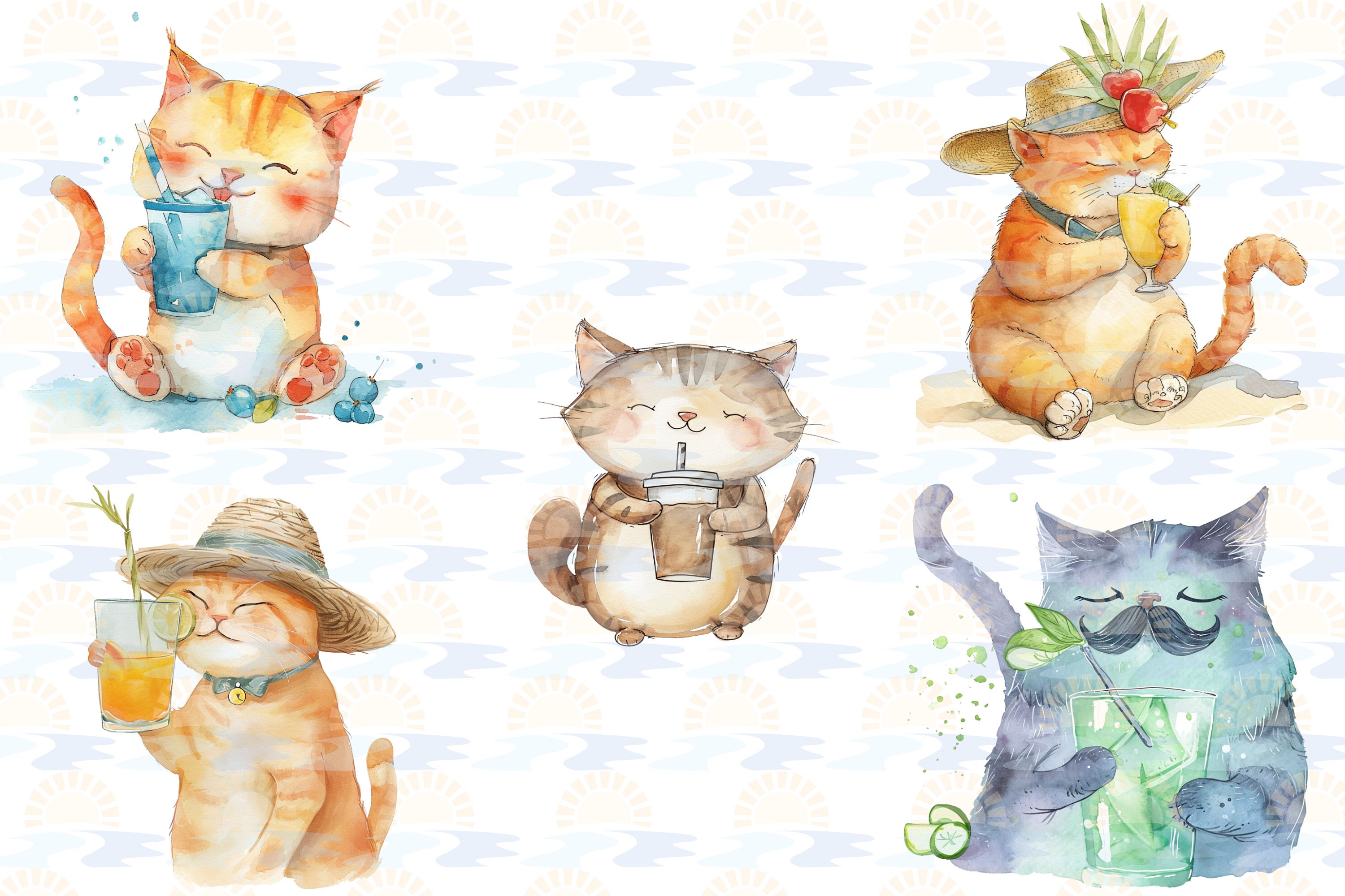 Cartoon Cats With Cocktails Watercolor Fat Cat Drink Clipart Bundle of ...