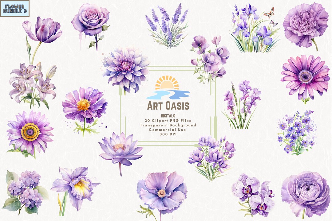 Watercolor Colorful Purple Lavender Flowers Floral Clipart Bundle of 20 ...