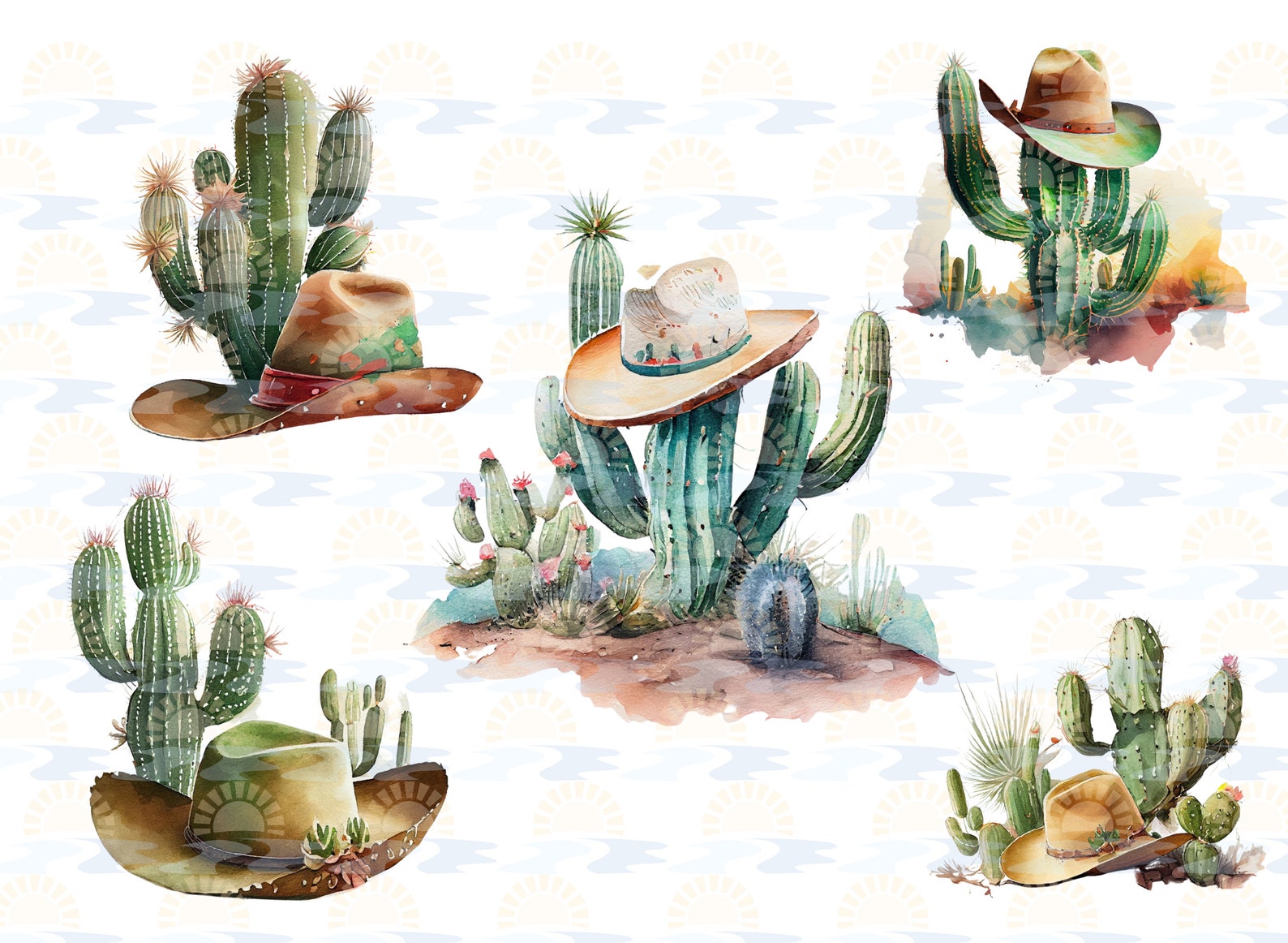 Watercolor Cactus Cowboy Hat Clipart Bundle of 20 - Transparent ...