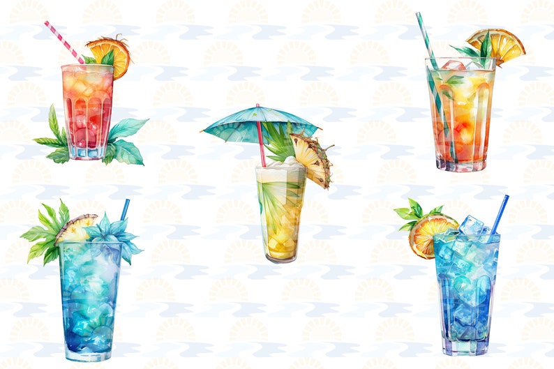 Watercolor Tropical Summer Cocktail Drinks Clipart Bundle of - Etsy