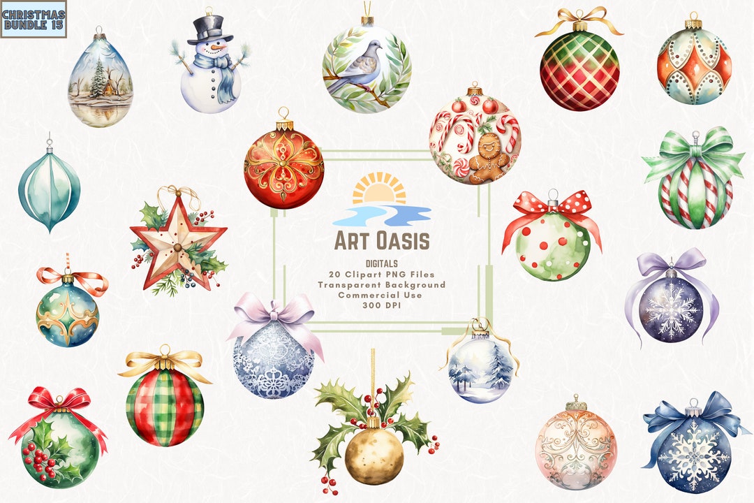 Watercolor Christmas Winter Holiday Ornaments Clipart Bundle of 20 ...