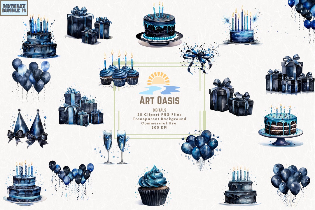 Black and Blue Watercolor Birthday Party Invitation Clipart Bundle of ...