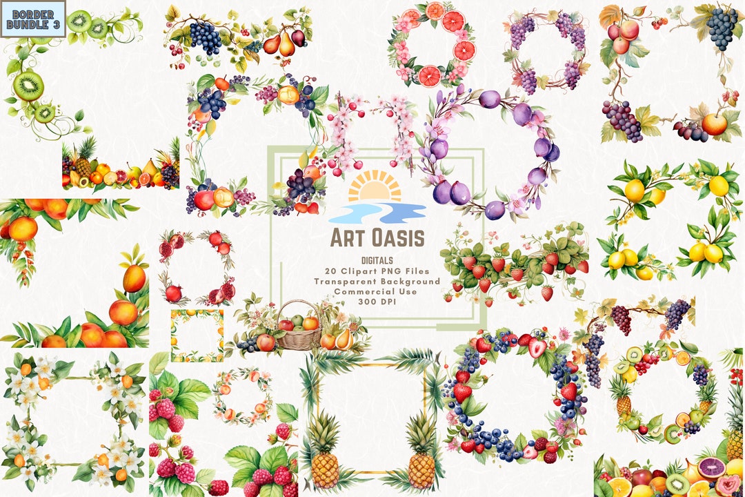 Watercolor Colorful Fruit Flower Frame Border Clipart Bundle of 20 ...