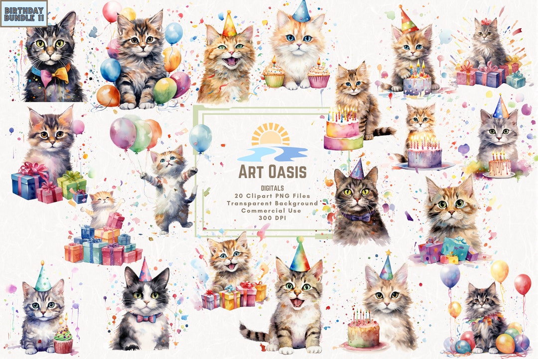 Watercolor Cat Birthday Party Balloon Cake Presents Clipart Bundle of ...