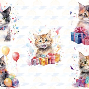 Watercolor Cat Birthday Party Balloon Cake Presents Clipart Bundle of ...