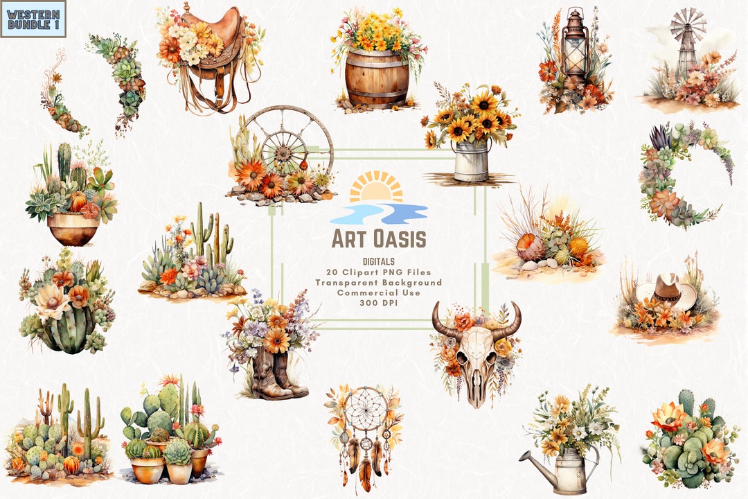 20 Watercolor Western Clipart Bundle Cowboy Boots Flower Cactus ...