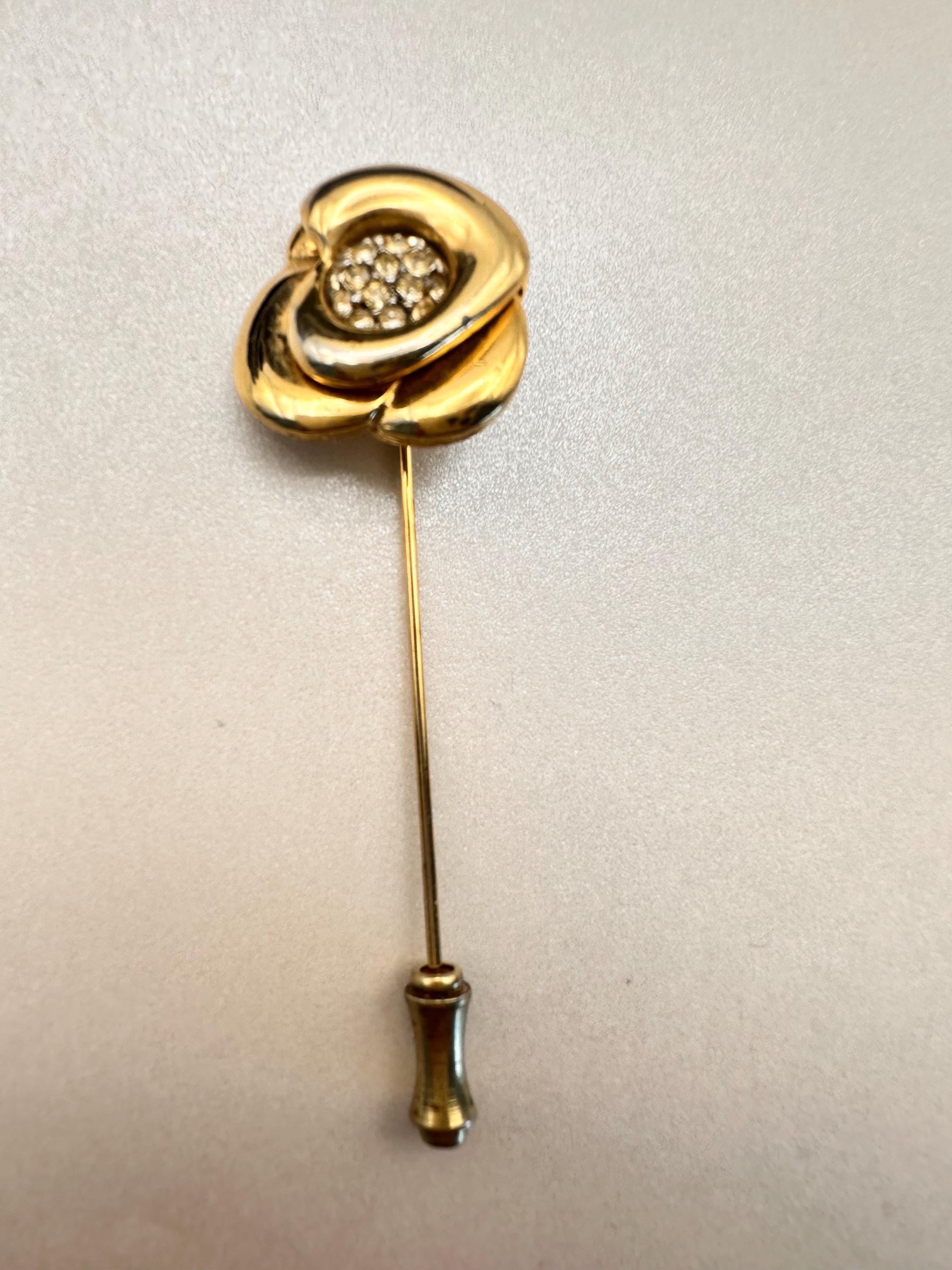 Vintage Trifari Gold-tone Floral Stick Pin | 1970s–80s Rhinestone Lapel ...