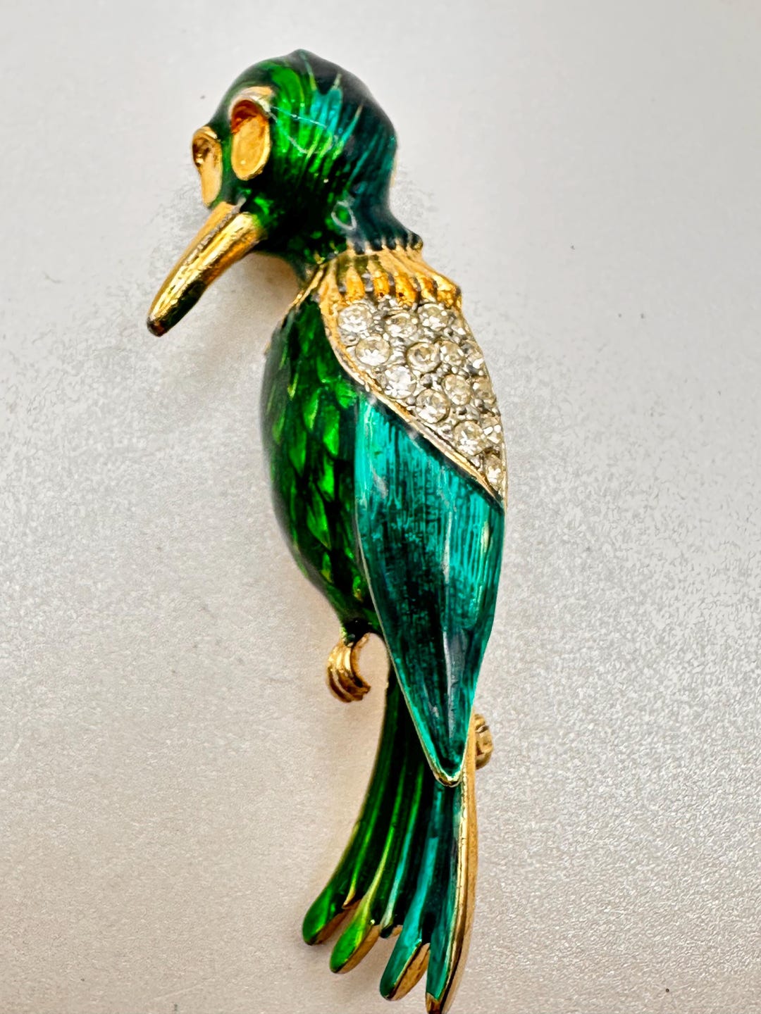 Vintage Craft Enamel Bird Brooch – Green Rhinestone Wing Figural Pin ...