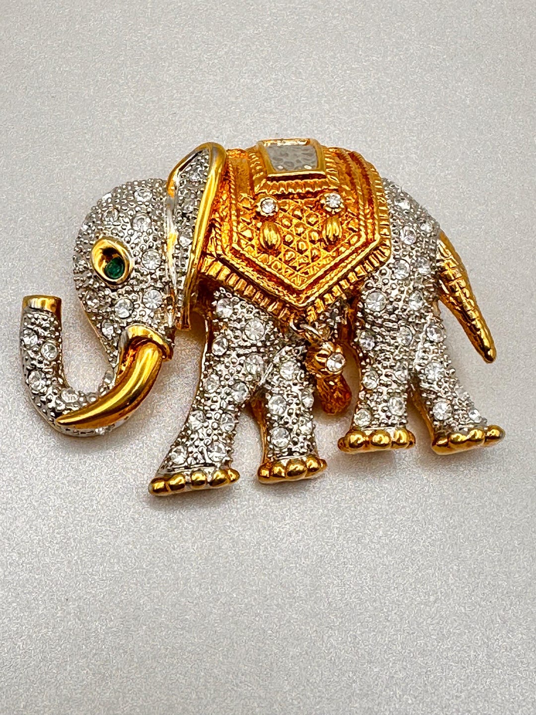 Vintage Rhinestone Elephant Brooch With Moving Tassel – Gold Tone Lucky ...