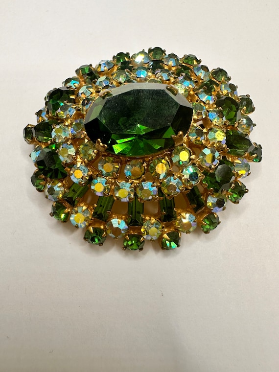 1950’s Austria Brooch Green Rhinestone Dome with Trom… - Gem