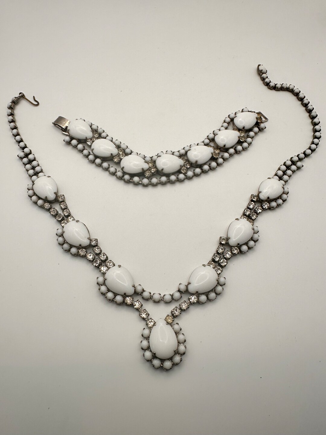 Beautiful JULIANA Milk Glass and Rhinestone Necklace and Bracelet. - Etsy