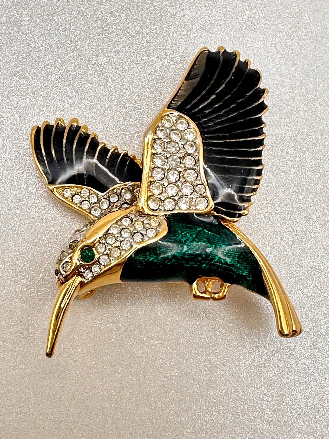 Vintage Hummingbird Brooch Gold Tone Enamel Rhinestone Bird Pin 1.75 ...