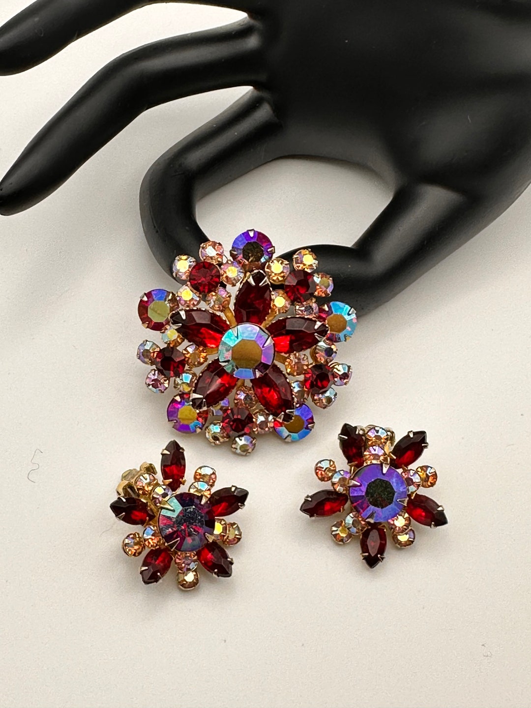 Signed Beau Jewel Red and Ab’s Rhinestones Brooch and Clip Earrings - Etsy