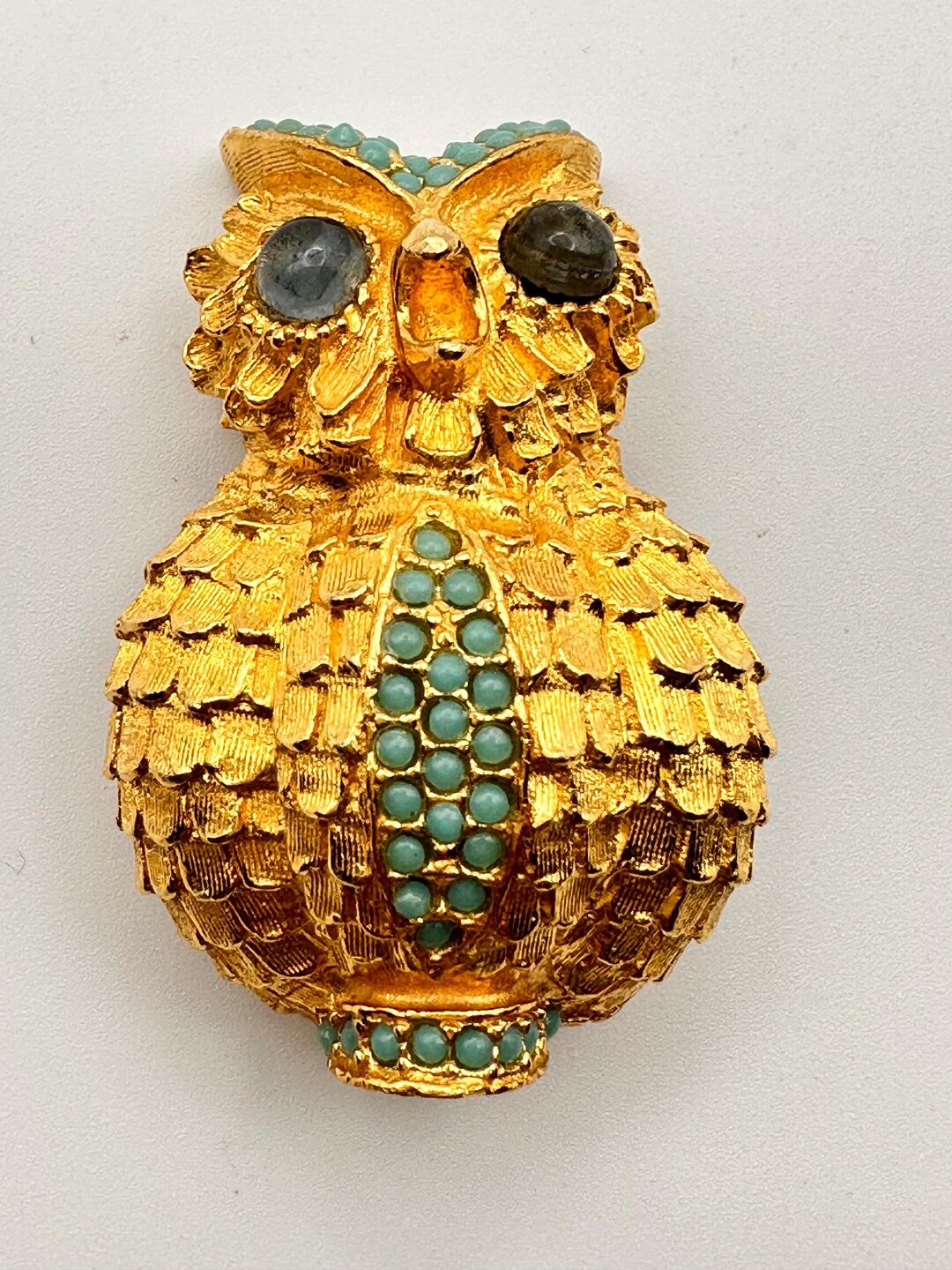 VNTG PAULINE RADER Owl Brooch. Turquoise and Grey/blue Cabochons on ...