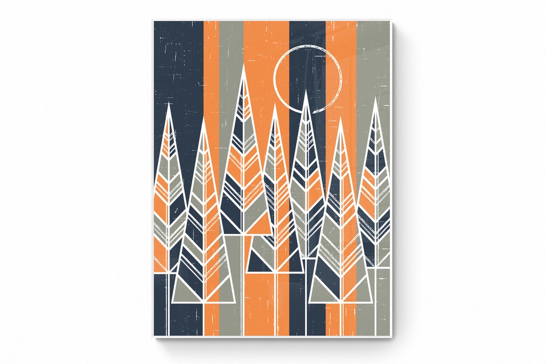Geometric Tree Print, Abstract Forest Print, Orange & Navy, Printable ...