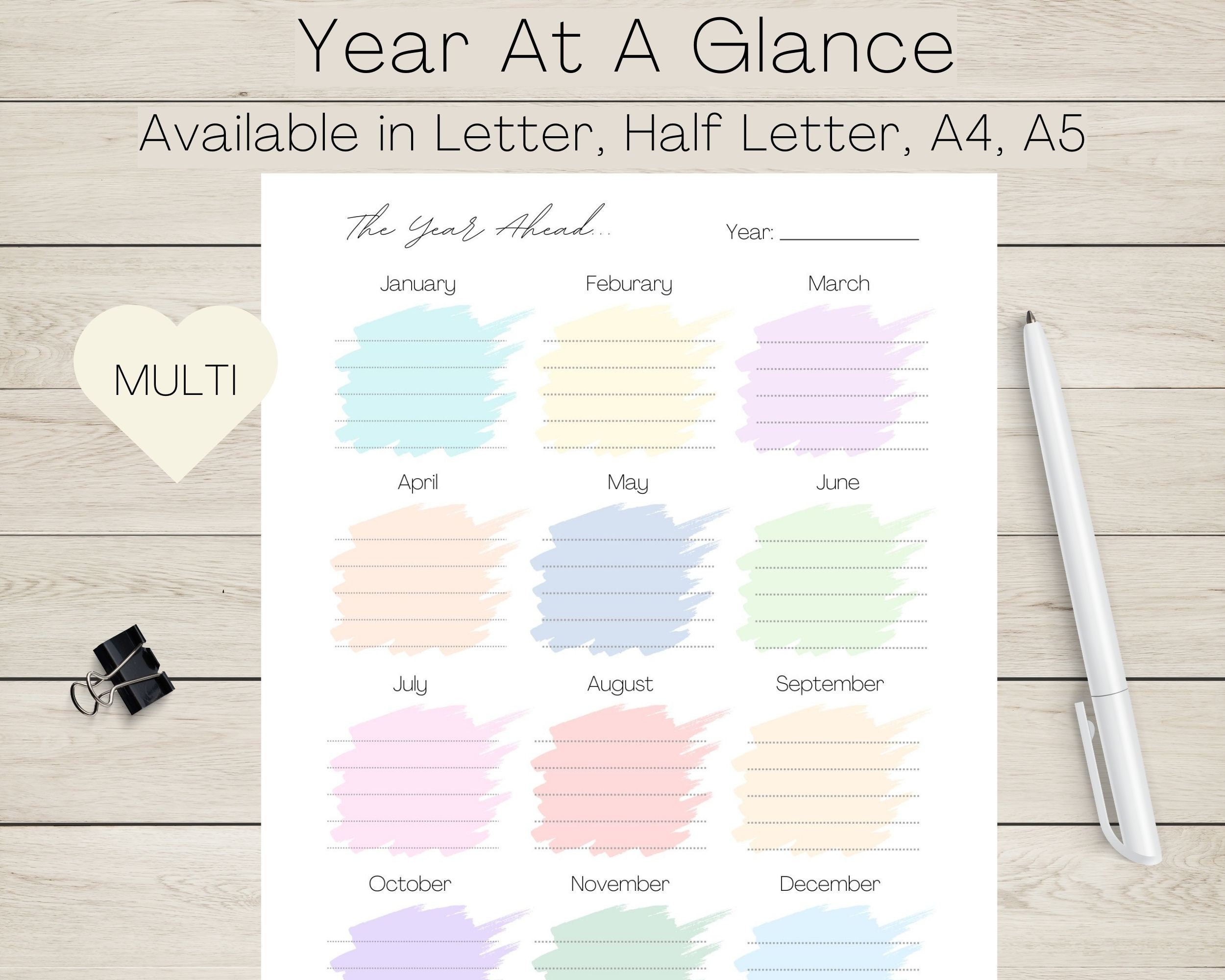 12 Month Overview Annual Planner One Page Printable. Multi Colored Year ...
