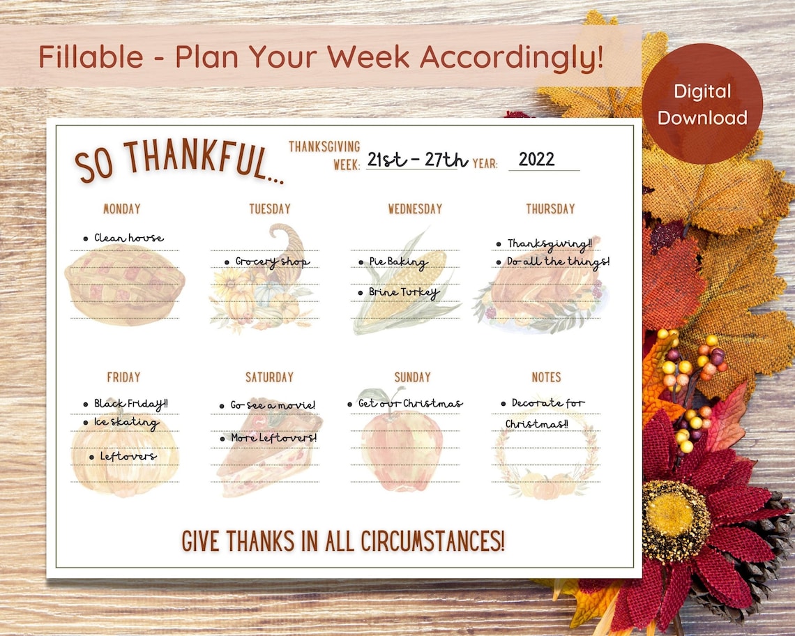 Week of Thanksgiving One Page Printable Planner - Etsy